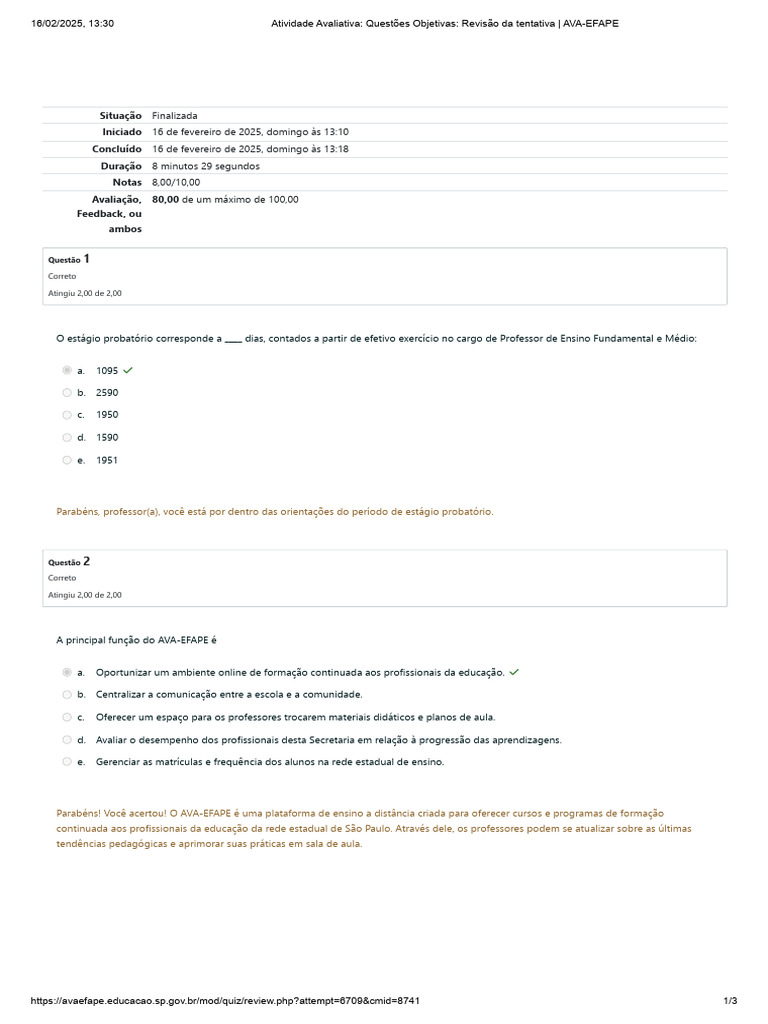 Atividade Avaliativa - Questões Objetivas - Revisão Da Tentativa - AVA-EFAPE 1 | PDF | Pedagogia ...