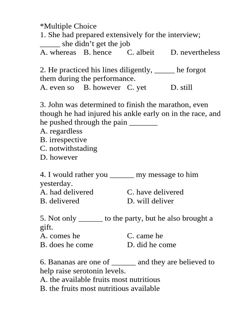 English Grammar Multiple Choice Quiz | PDF