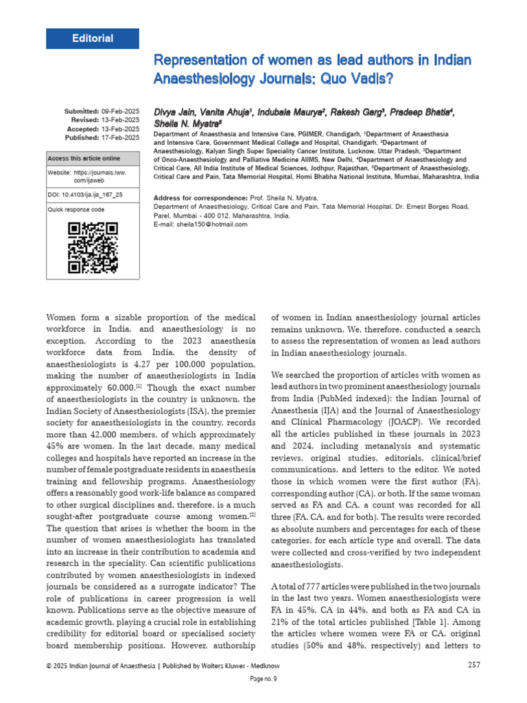 Women Lead Authors in Indian Anaesthesiology | PDF | Medicine | Health Care