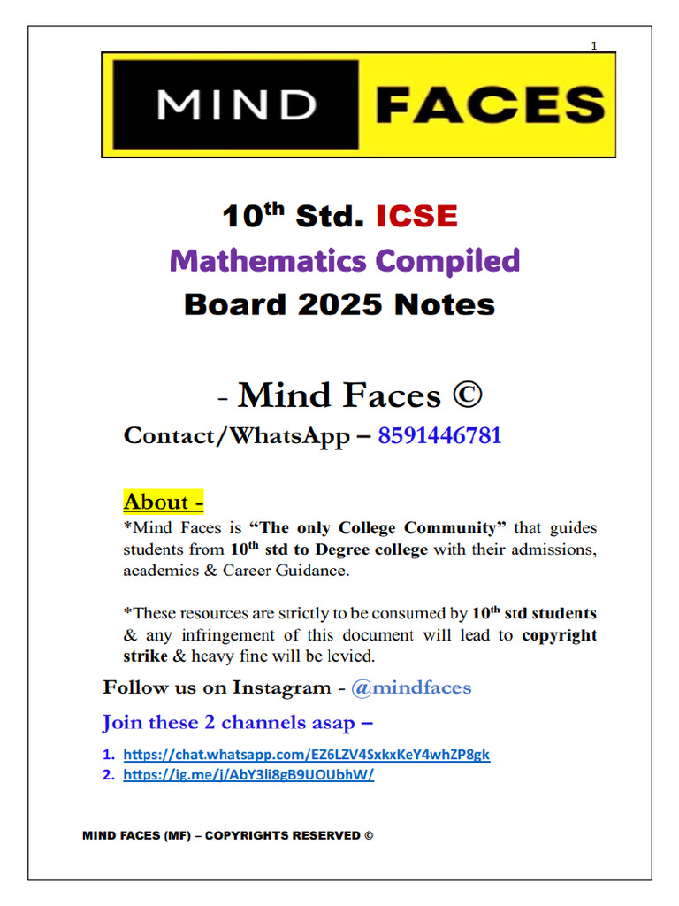 Mind Faces - Math ICSE Quick Sheet 10th Boards 2025 | PDF