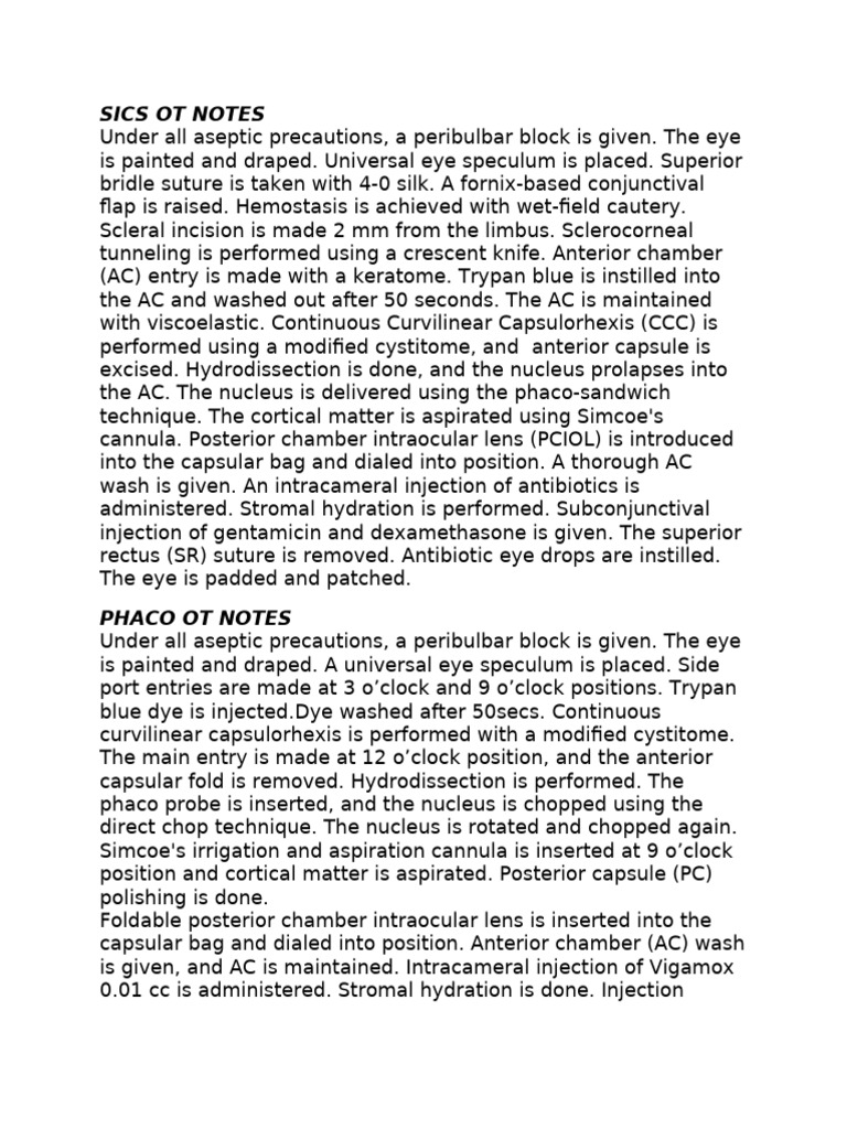 Cataract Surgery Procedures Notes | PDF