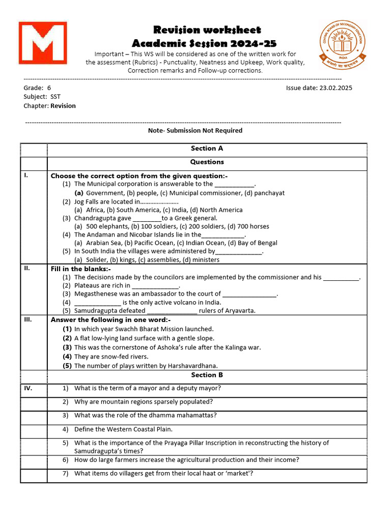 Grade 6 SST Revision Worksheet 2024-25 | PDF