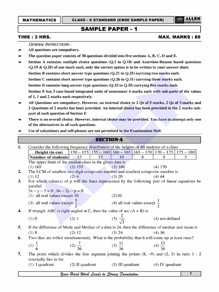 Sample Paper 1 Standard Maths Allen | PDF