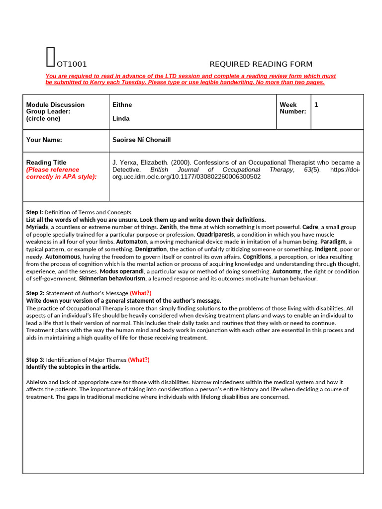 Occupational Therapy Reading Review Form | PDF | Disability | Health System