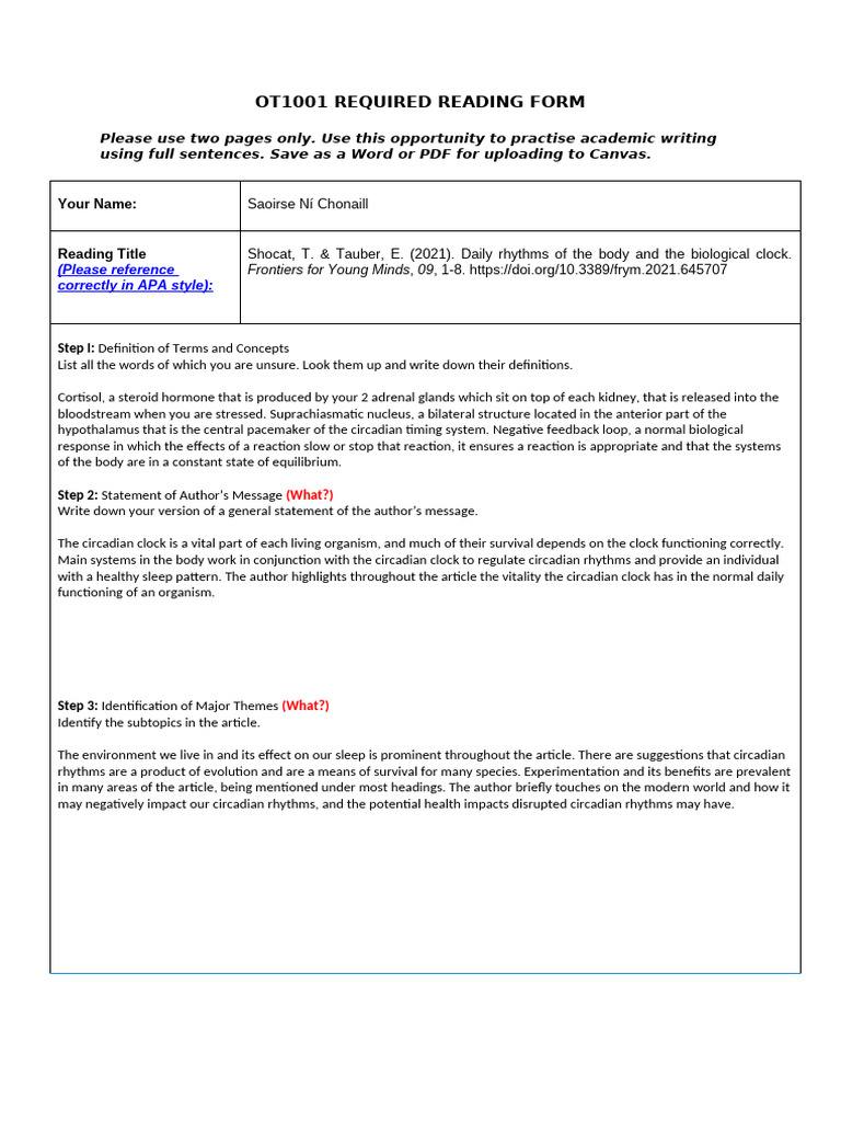 Week 2 LTD Required Reading Form | PDF | Circadian Rhythm | Clock