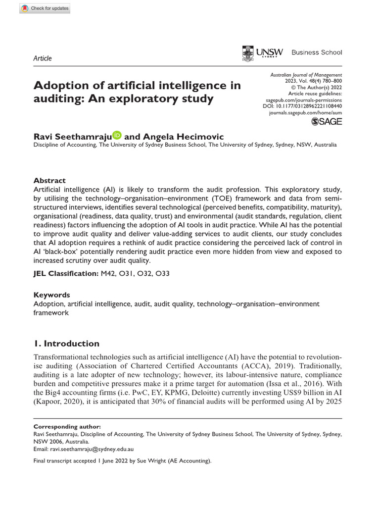 Adoption of Artificial Intelligence in Auditing An Exploratory Study | PDF | Financial Audit | Audit