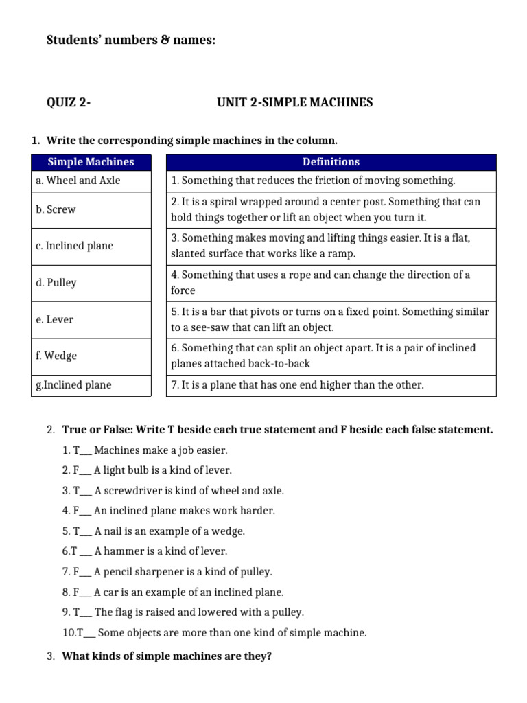 Simple Machines Quiz and Definitions | PDF