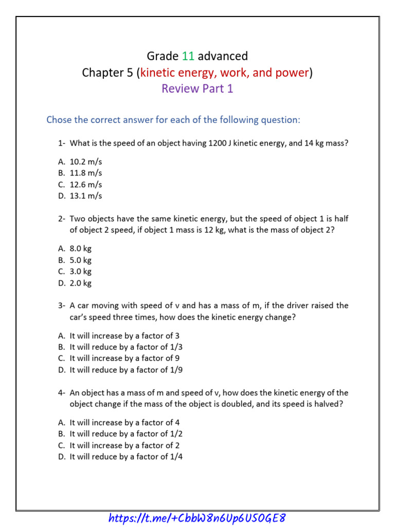 Grade 11 Kinetic Energy & Work Quiz | PDF | Force | Mass