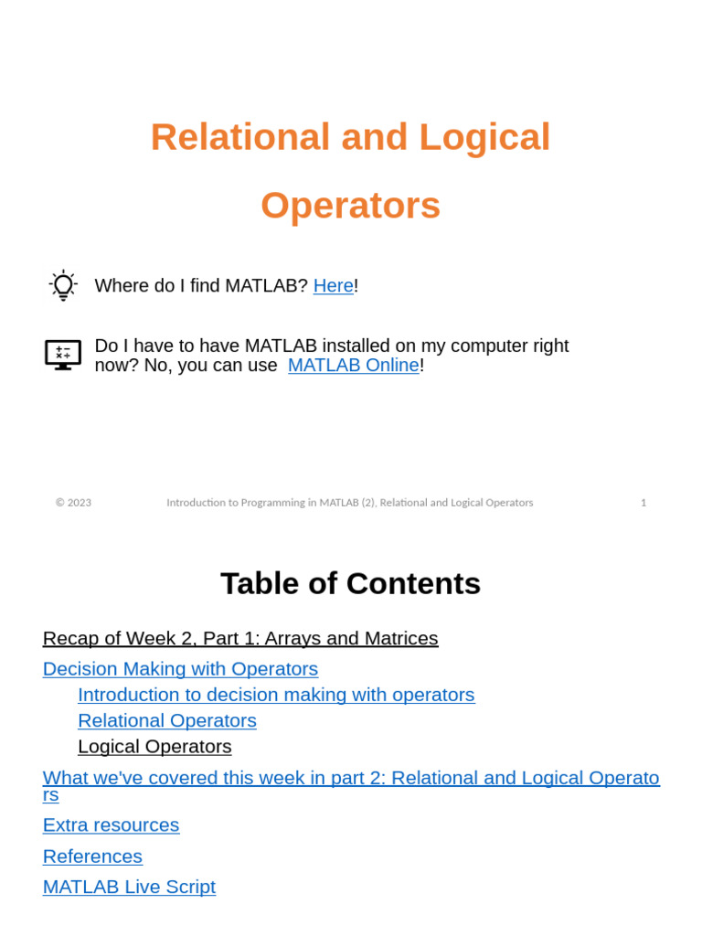 Week 2 Part 2 Relational and Logical Operators | PDF | Matrix (Mathematics) | Matlab