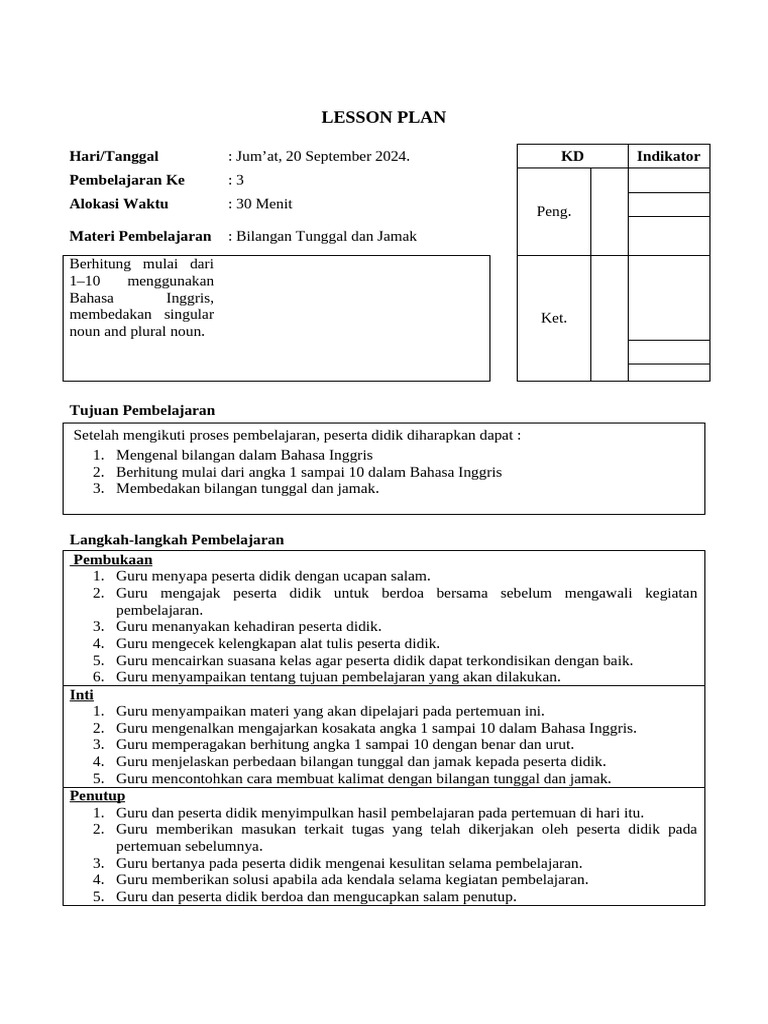 Lesson Plan Bhs Inggris Kls 1 (20-09-24) | PDF