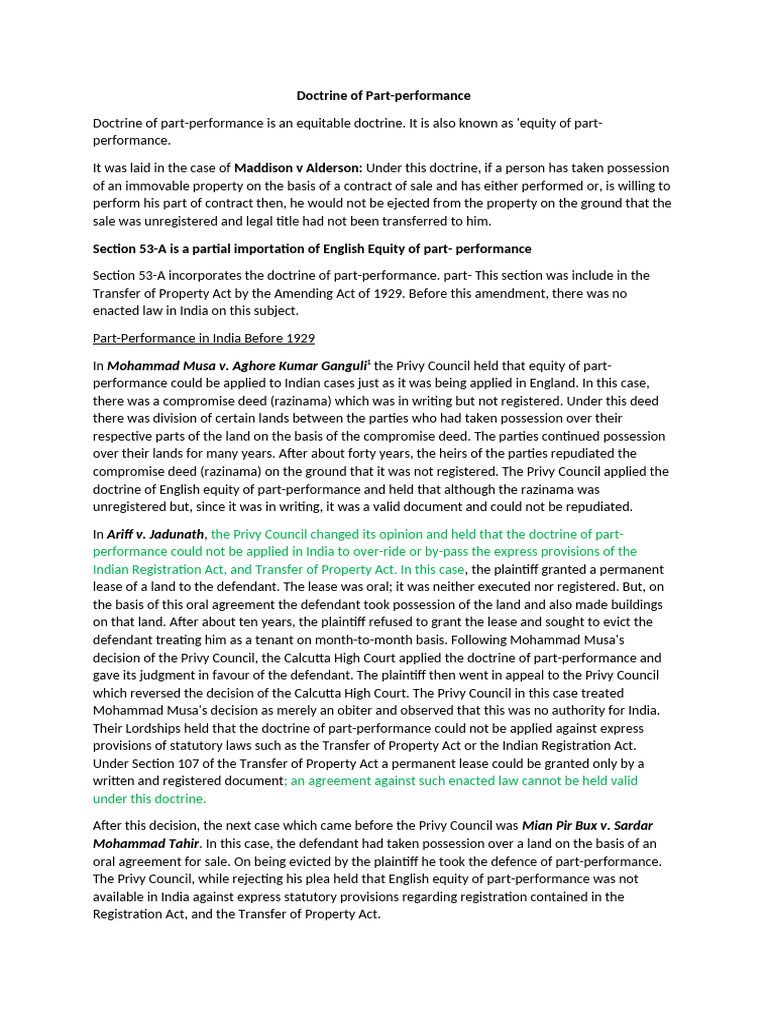 Doctrine of Part- Performance Section 53A | PDF | Property | Equity (Law)
