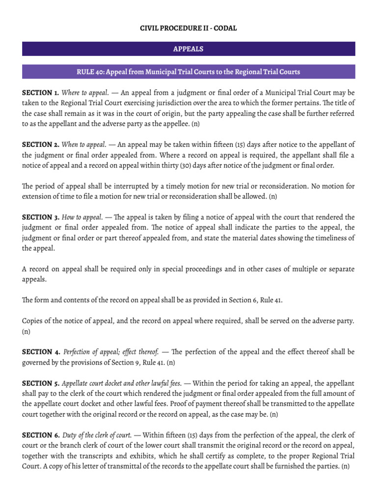Civ Pro II Codal - Rules 40-43 | PDF | Appeal | Appellate Court