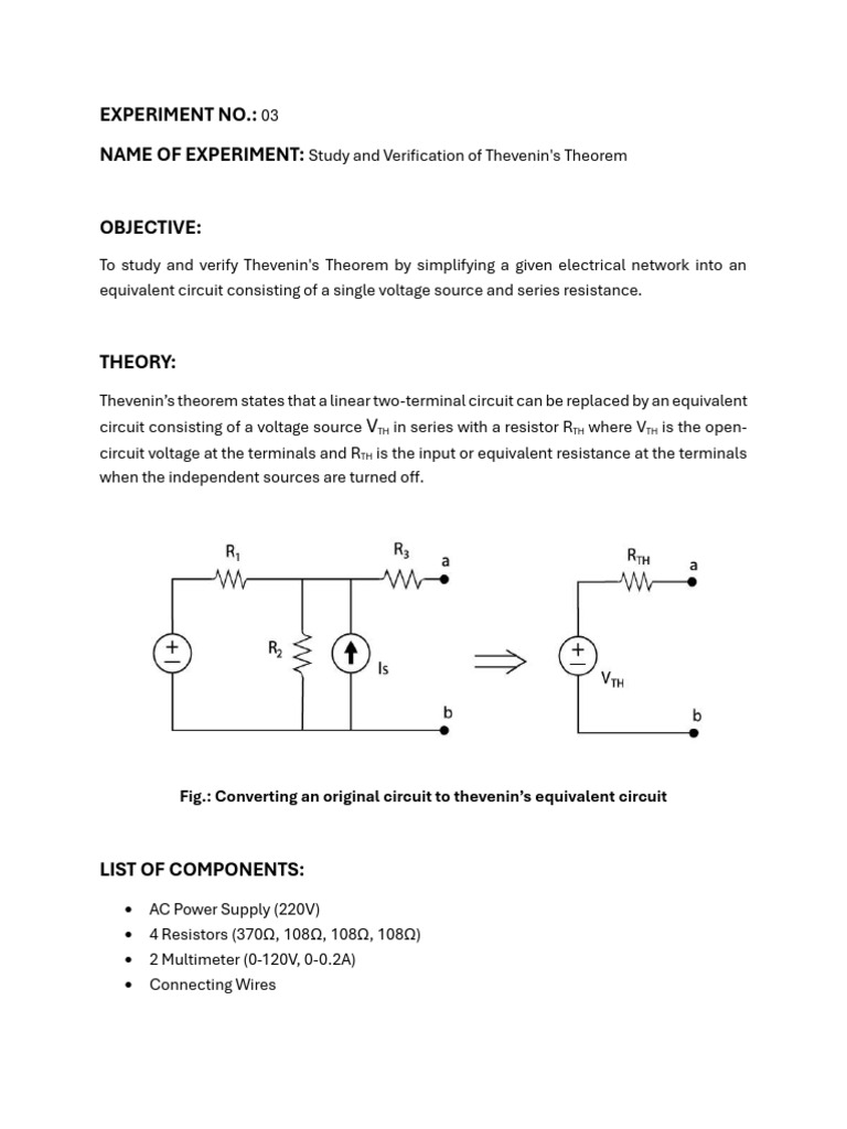 Thevenins Theorem Verification | PDF | Electrical Network | Resistor