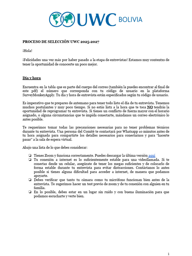 Entrevistas UWC 2025-2027: Guía y Horarios | PDF