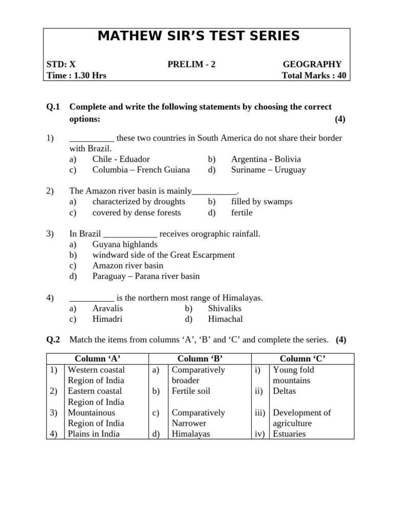 Prelim Paper - 2 10th Geography | PDF | Amazon Rainforest | Brazil