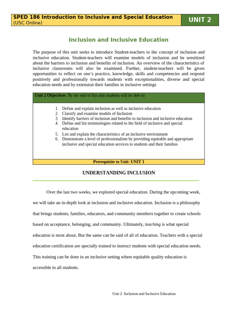 Course Notes SPED 186 Unit 2 - Week 3 and 4 | PDF | Inclusion ...