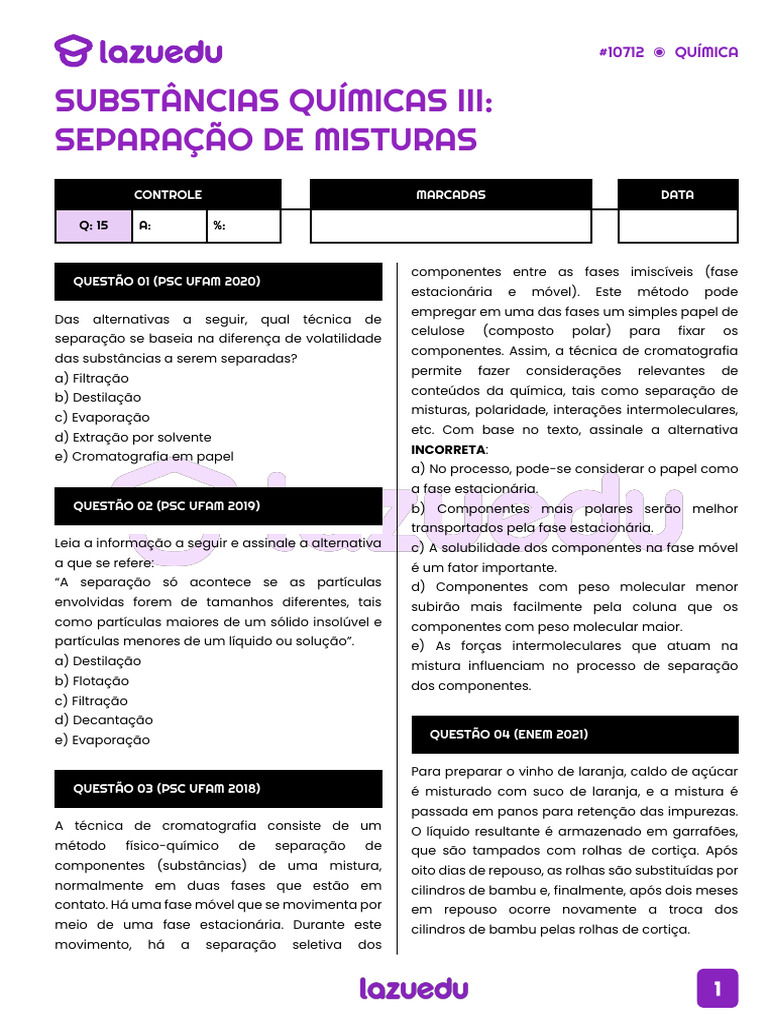 Substancias Quimica III Separacao de Misturas | PDF | Cromatografia ...