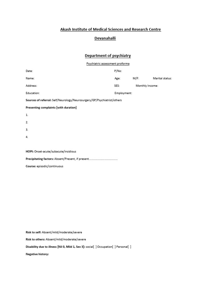 Psychiatry Case Proforma | PDF
