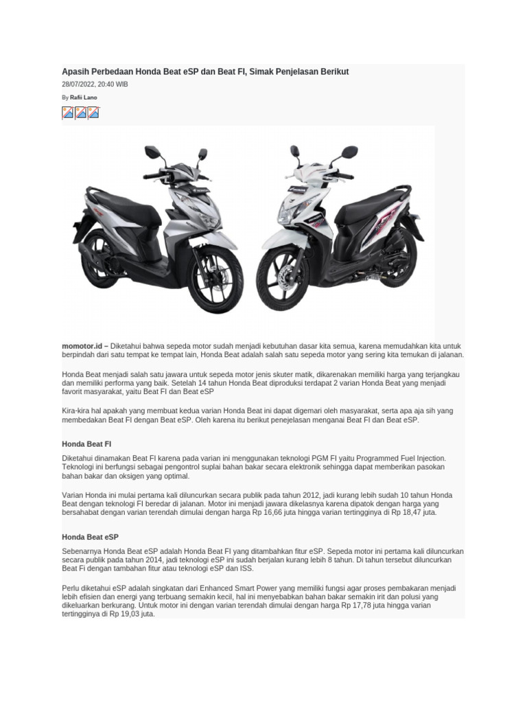 Apasih Perbedaan Honda Beat eSP Dan Beat FI | PDF