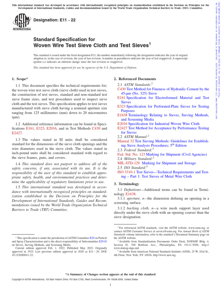 ASTM-E11-22-Sieve Specs | PDF | Standard Deviation | Engineering Tolerance
