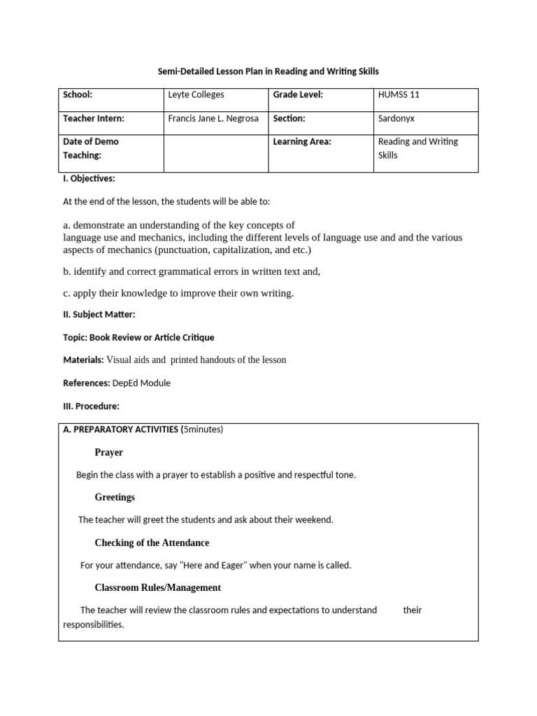Lesson Plan: Reading & Writing Skills | PDF | Teachers | Books