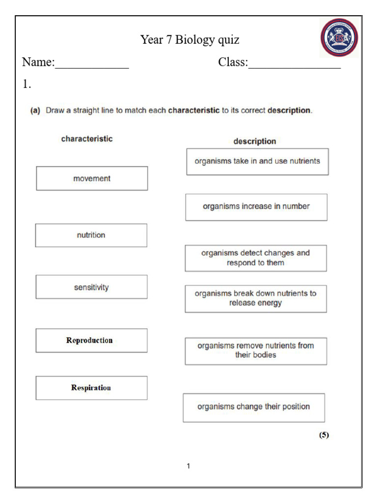 Year 7 Biology Quiz Questions | PDF