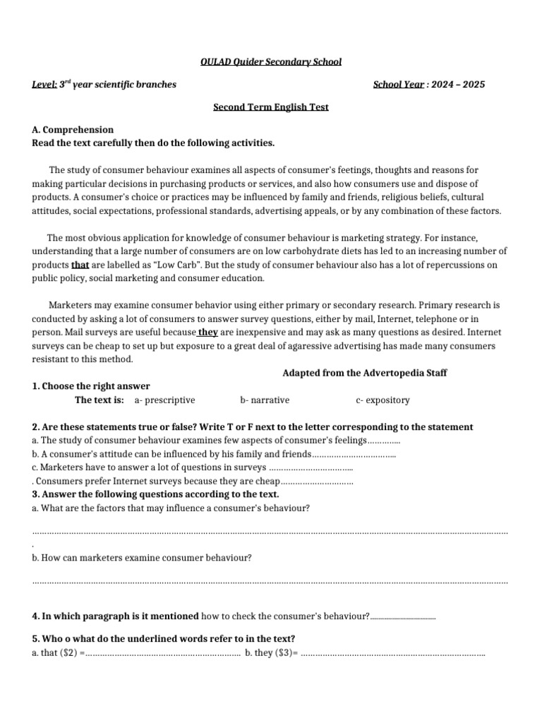 English Test on Consumer Behavior | PDF | Behavior | Consumer Behaviour