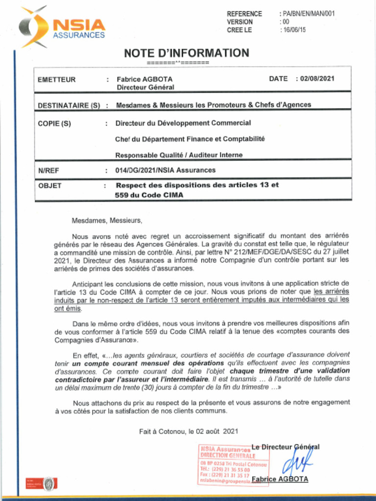 Respect Des Dispositions Des Articles 13 É 559 Du Code CIMA | PDF