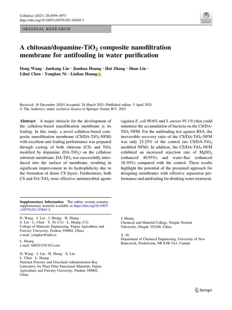 A Chitosan - dopamine-TiO2 Composite Nanofiltration Membrane For ...