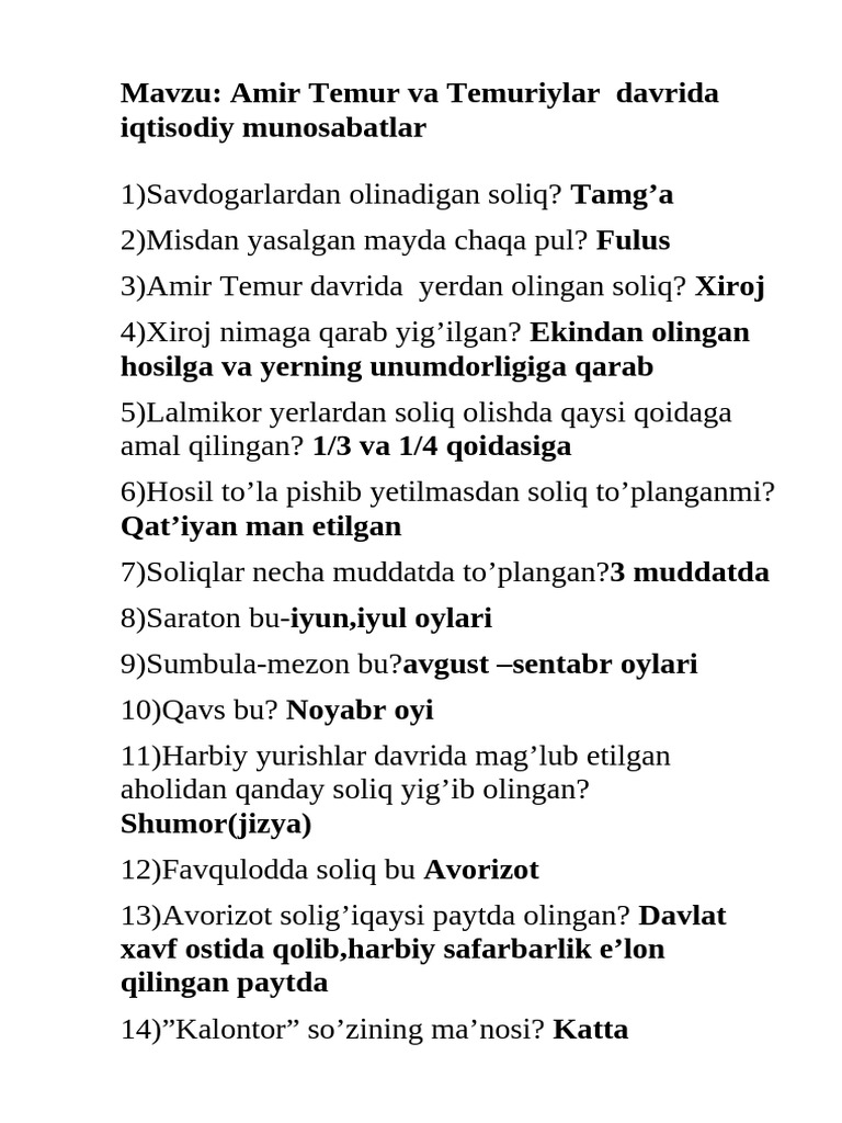 Amir Temur Davrida Ijtimoiy-Iqtisodiy Munosabatlar | PDF