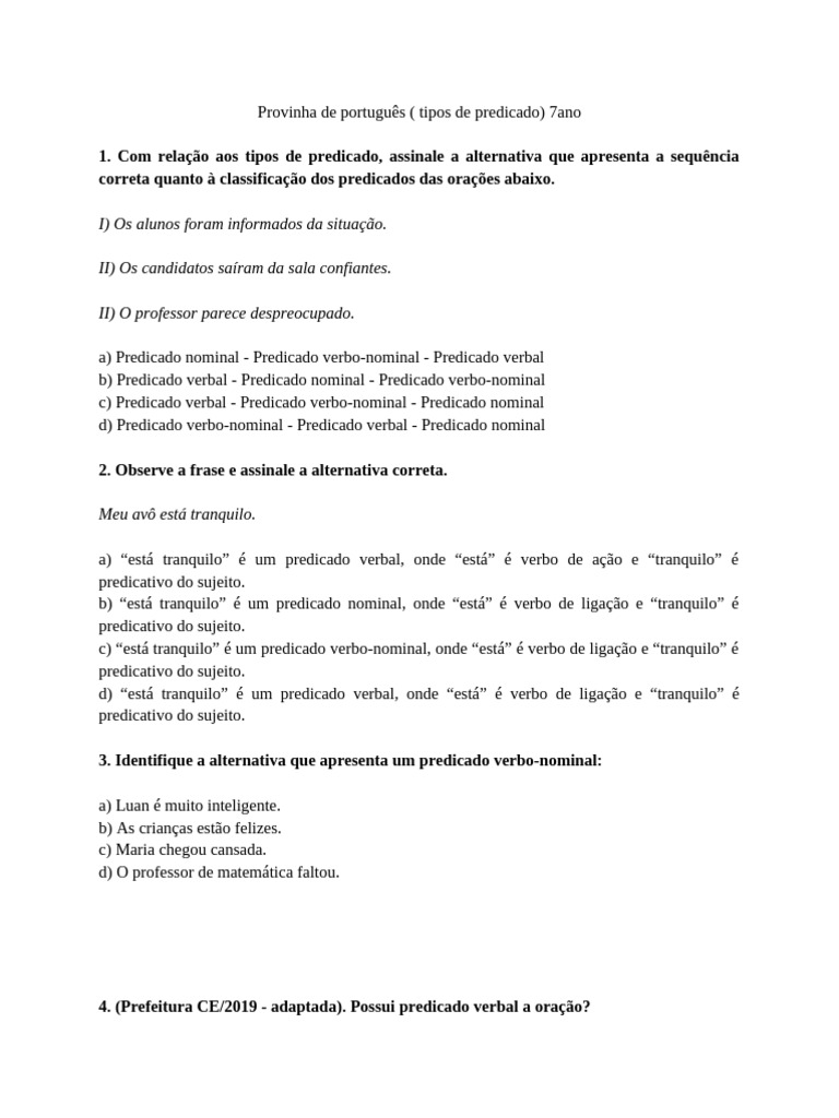 Provinha de Português (Tipos de Predicado) 7ano | PDF | Predicado (gramática) | Assunto (gramática)