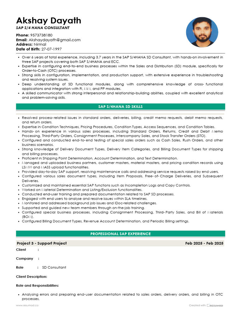 Akshay - Dayath - SAP S - 4 HANA CONSULTANT | PDF | Invoice | Sales