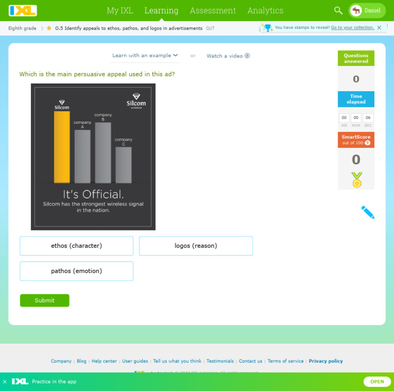 IXL Identify Appeals To Ethos, Pathos, and Logos in Advertisements 8th Grade Language Arts | PDF ...