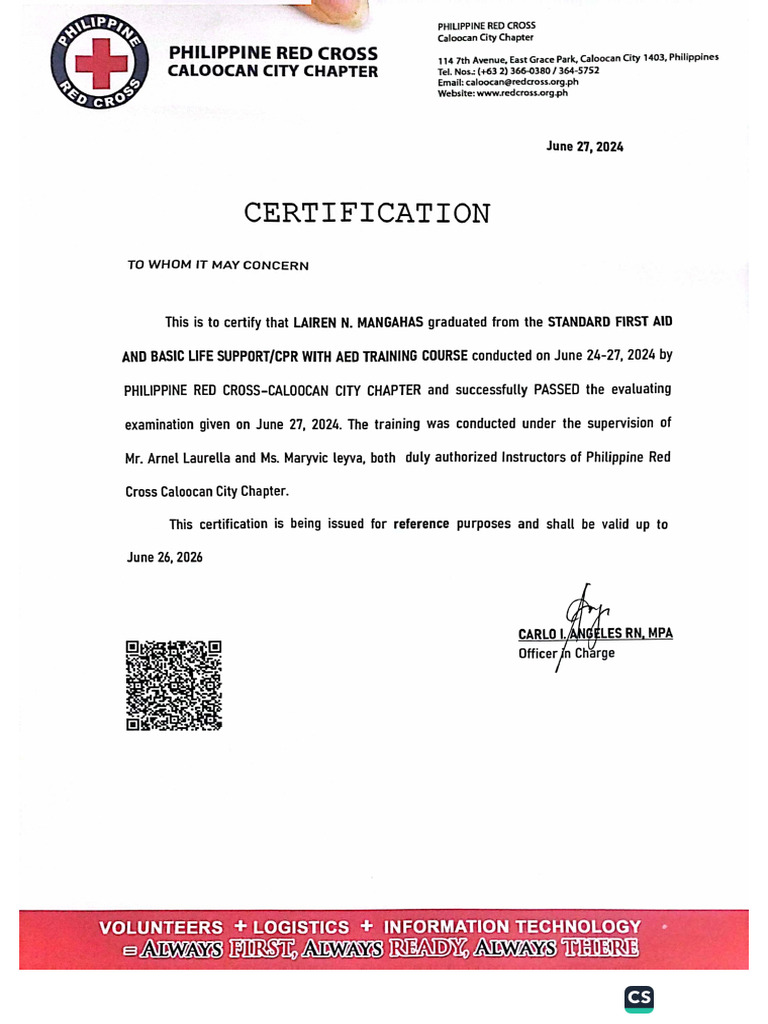 Red Cross SFA Certificate | PDF