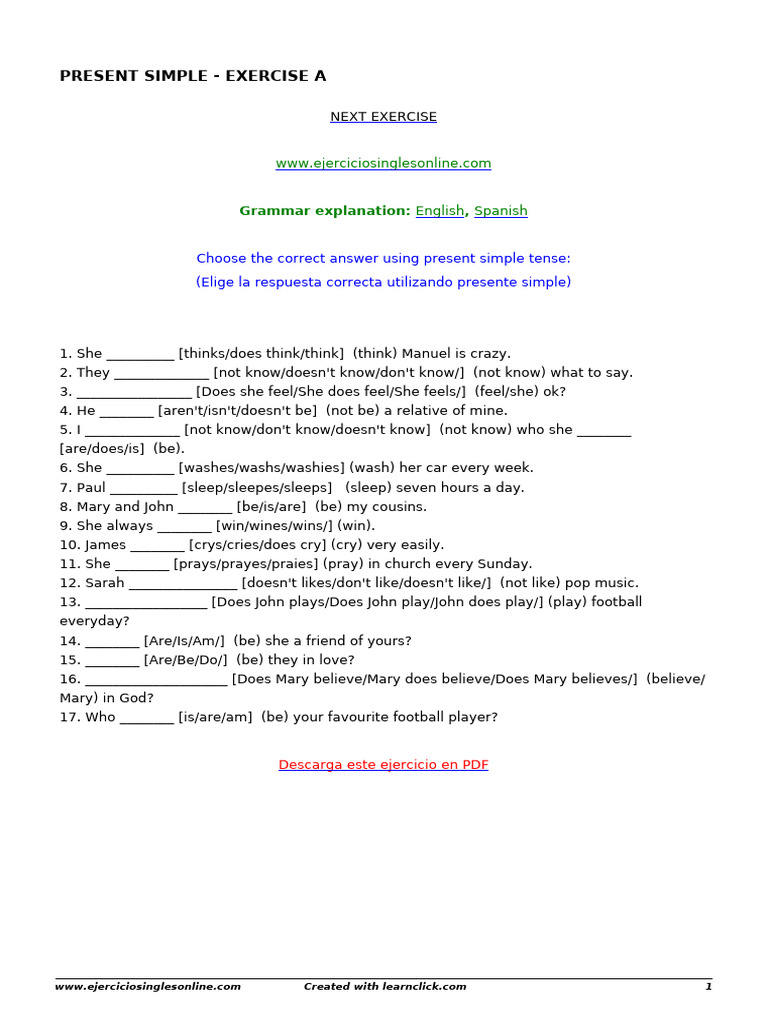 Presente Simple - Ejercicio a (1) | PDF