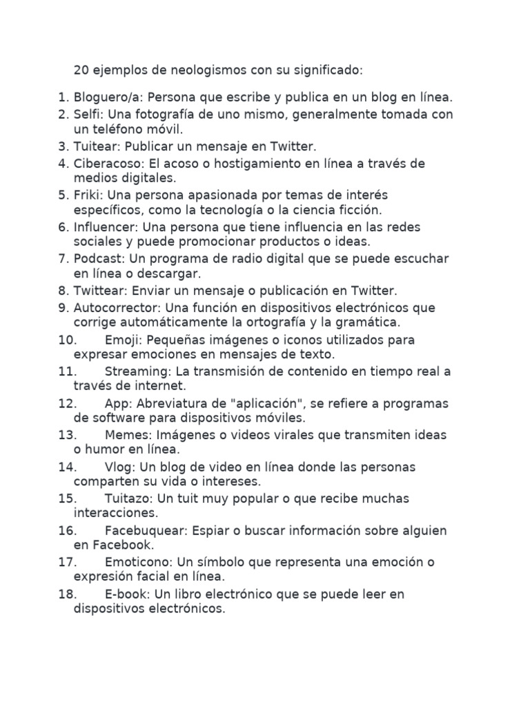 20 Ejemplos de Neologismos Con Su Significado | PDF