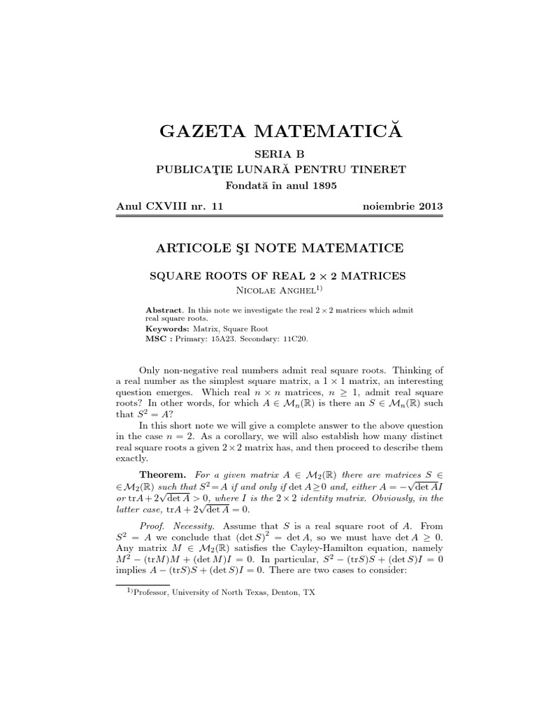 Square Roots of 2x2 Real Matrices | PDF | Square Root | Matrix ...