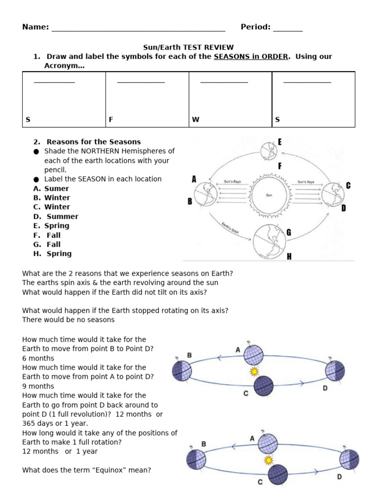 Sun and Earth Seasons Test Review | PDF | Earth | Rotation