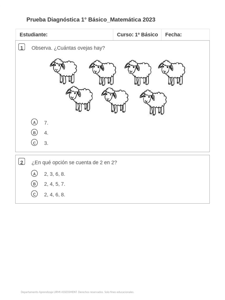 Prueba Diagnóstica Matemática 1° Básico | PDF