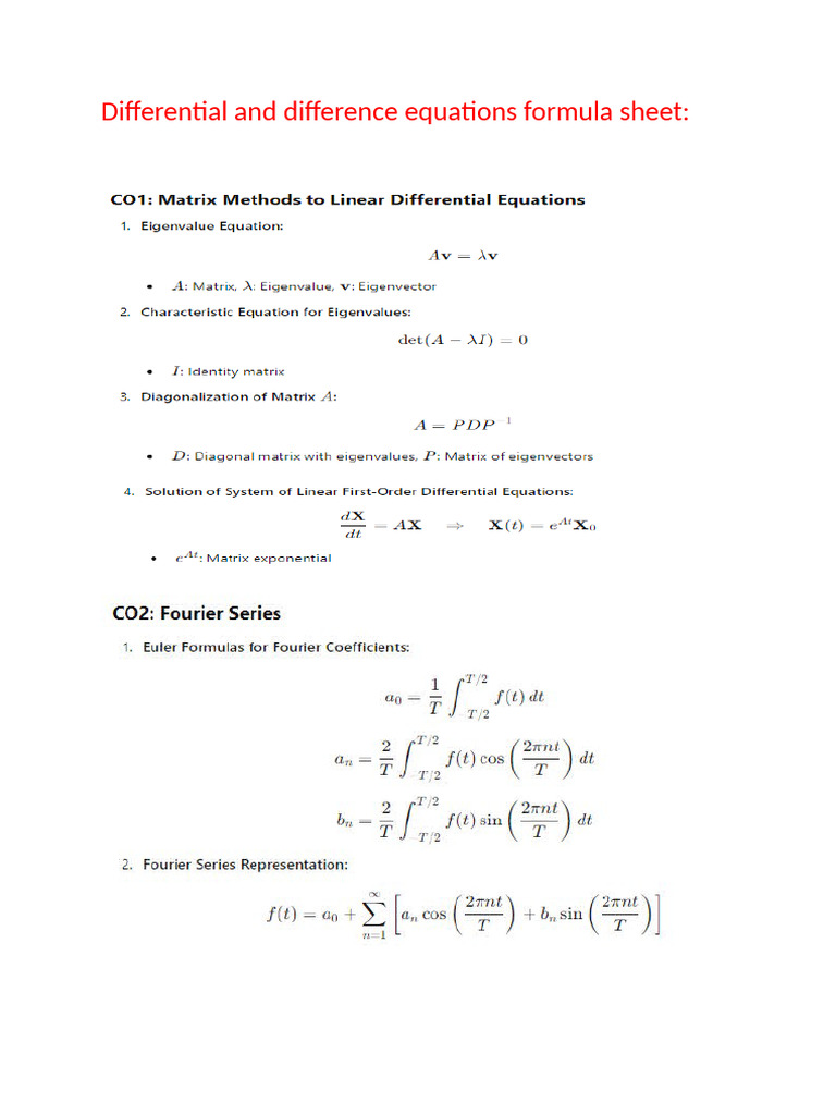 Differential and Difference Equations Formula Sheet | PDF