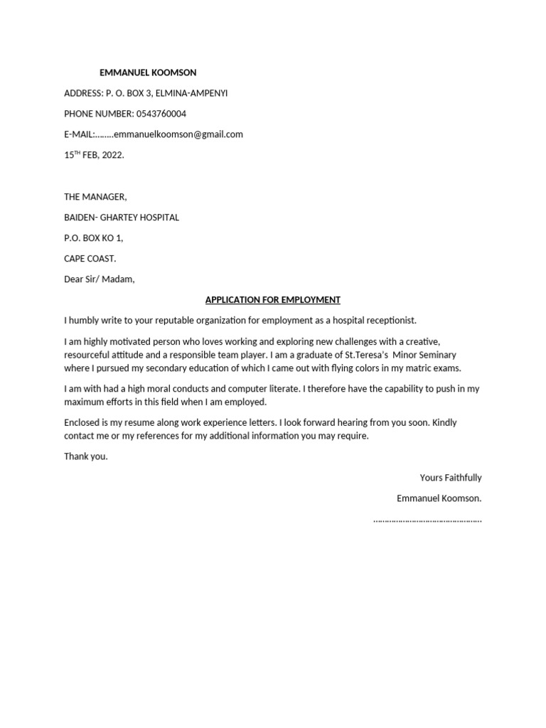 Employment Application for Receptionist | PDF