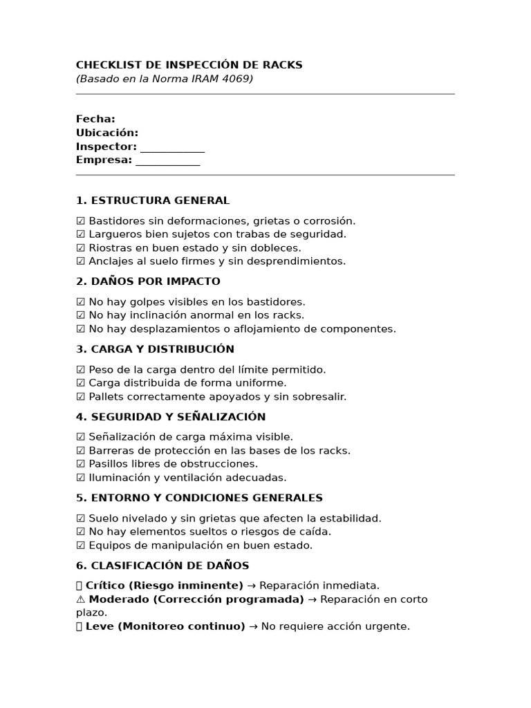 CHECKLIST DE INSPECCIÓN DE RACKS | PDF