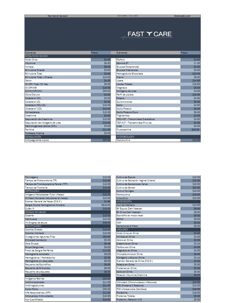 Precios de Exámenes de Laboratorio | PDF | Orina | Hormona luteinizante