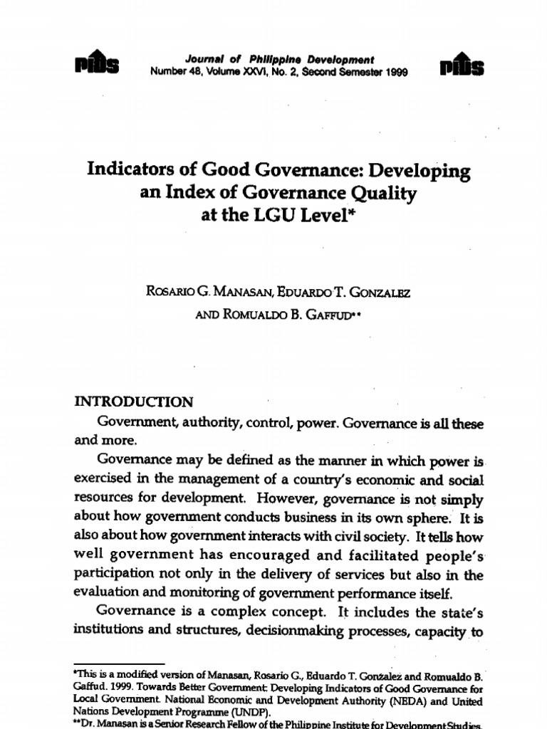 Developing Indicators of Good Governance for Local Government Units ...