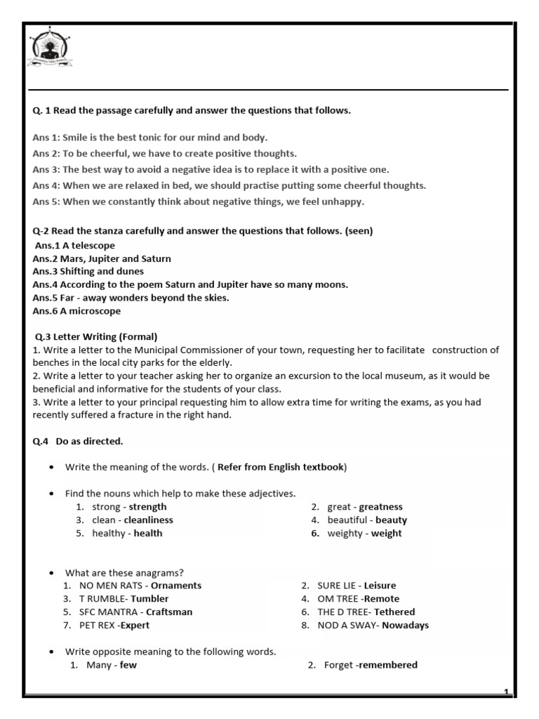 Grade 4 English Revision Worksheet | PDF