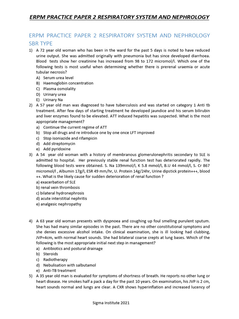 ERPM Practice Paper: Respiratory & Nephrology | PDF | Kidney Disease ...