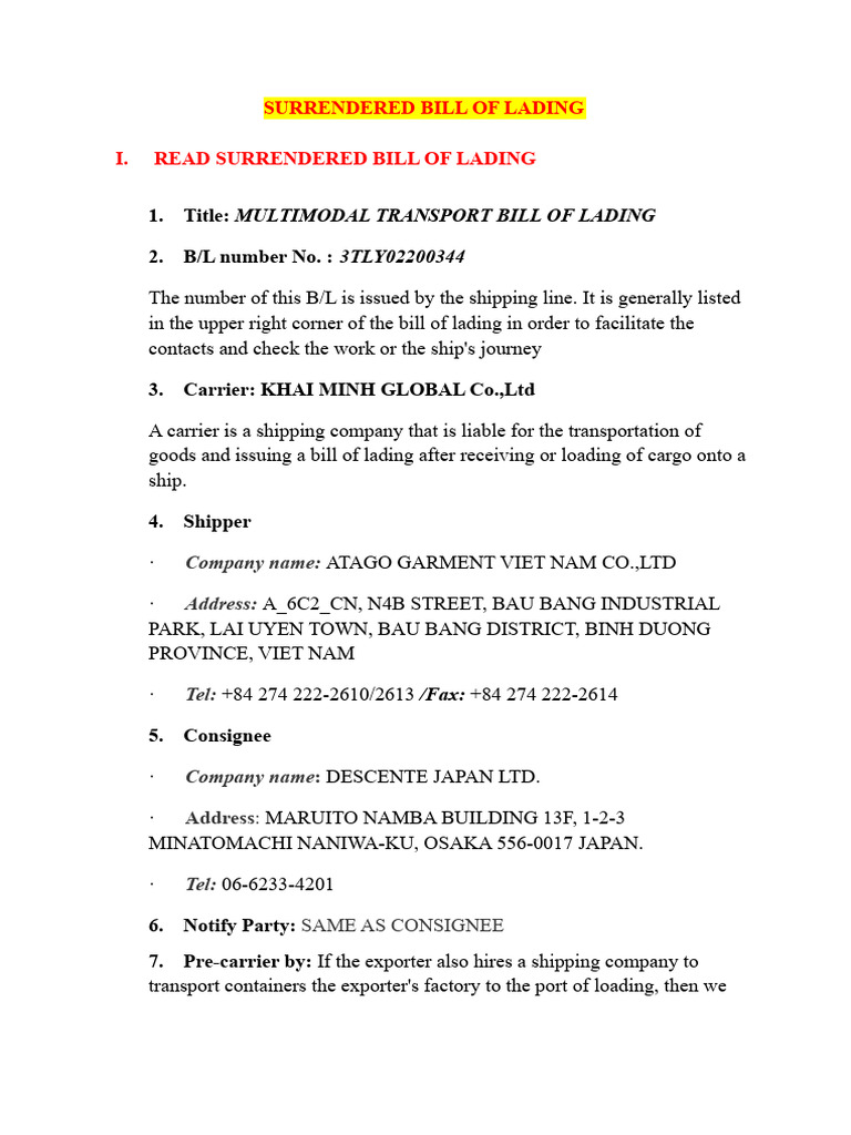 Surrendered Bill of Lading | PDF | Bill Of Lading | Cargo