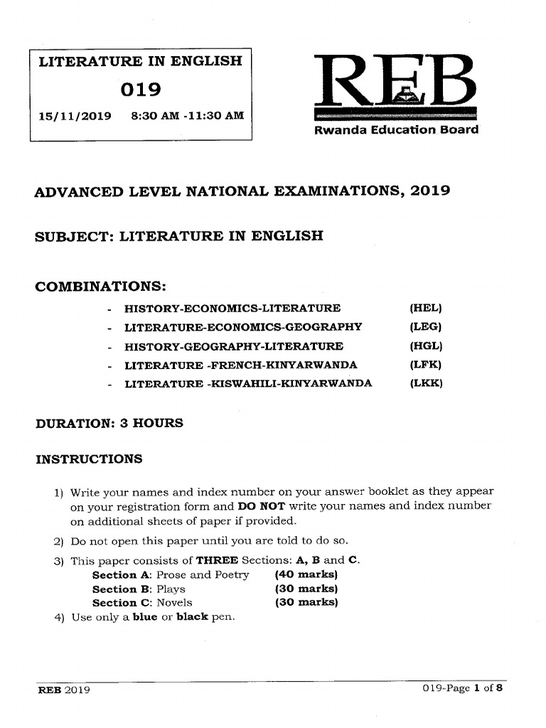 2019 Literature in English HEL LEG HGL LFK LKK | PDF
