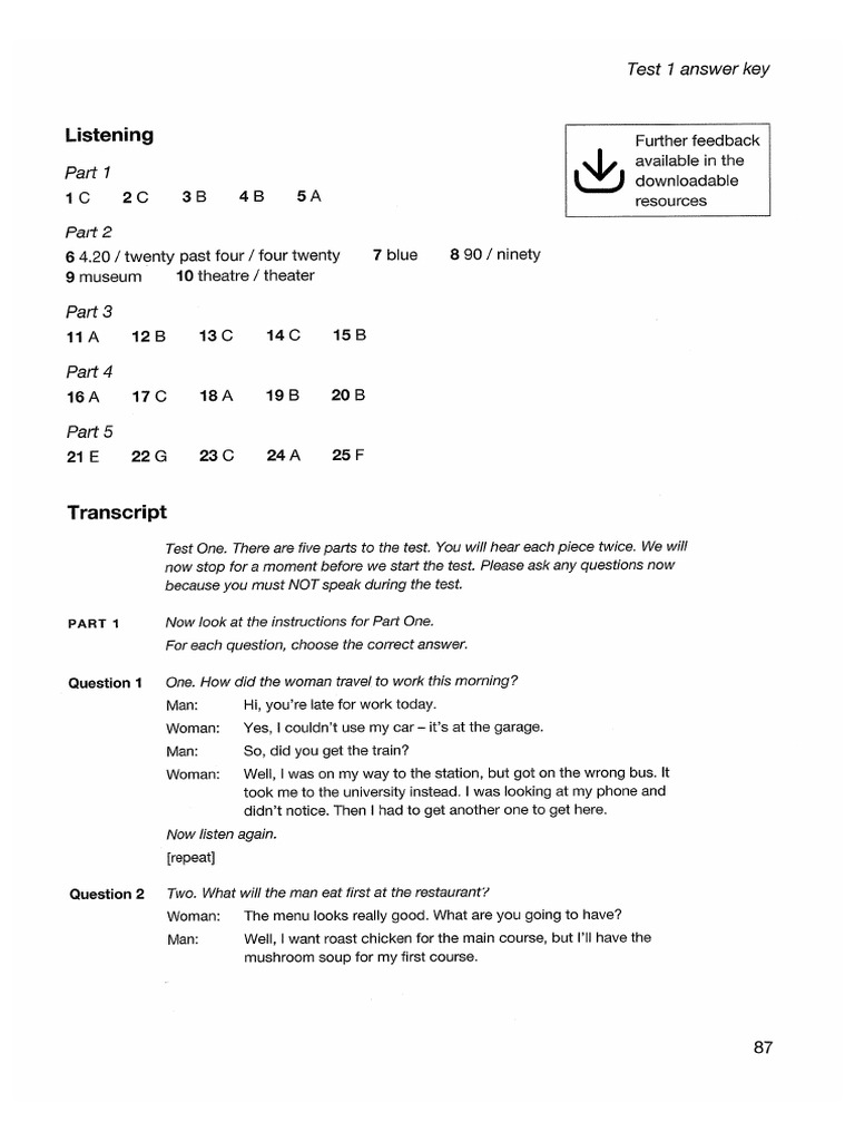 B1T1 KET Listening Answer Key + Transcript | PDF