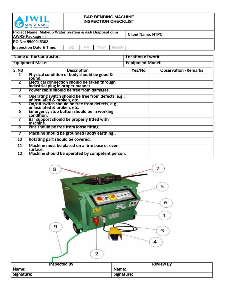Bar Bending Machine Inspection Checklist | PDF
